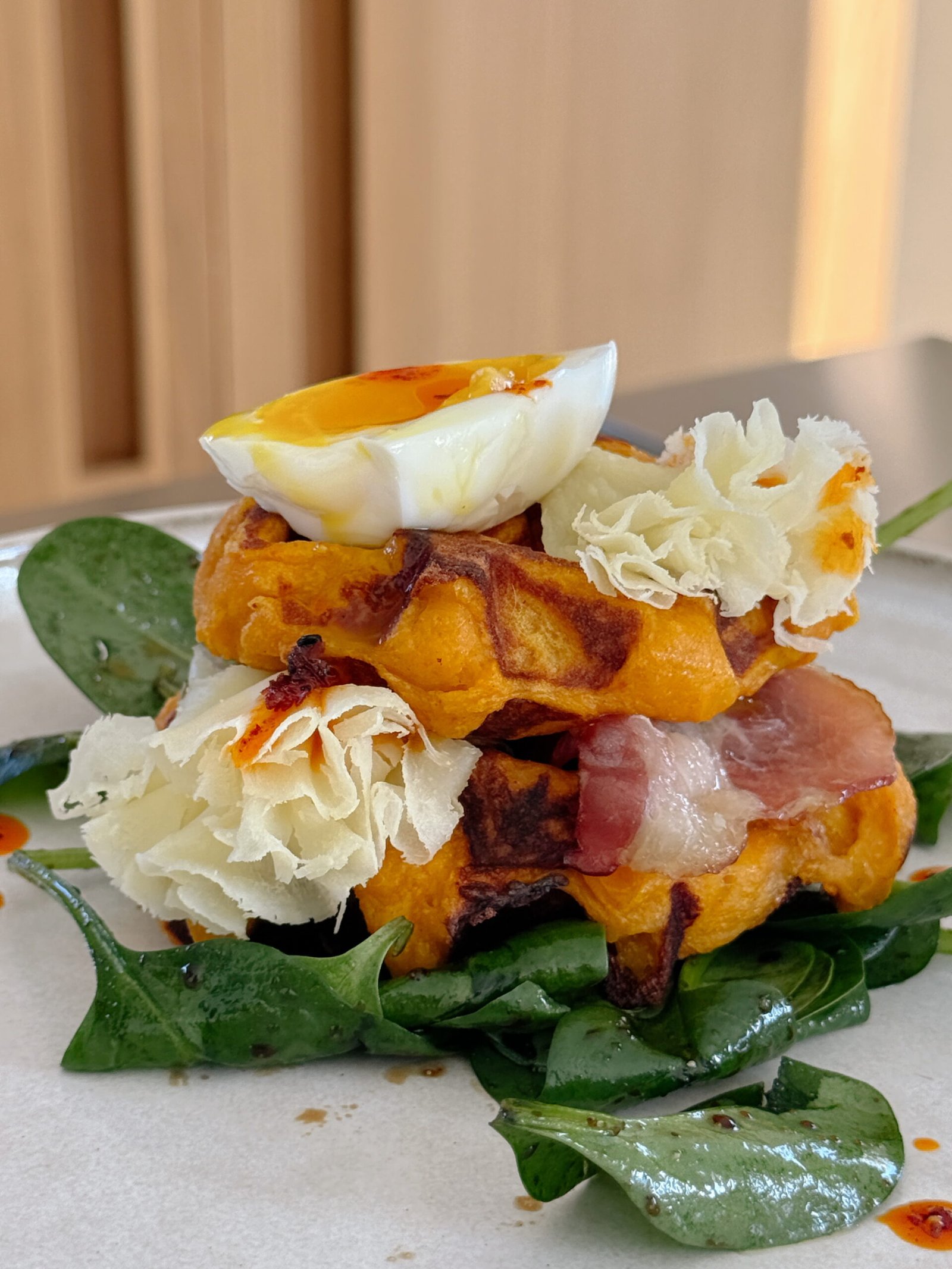 Mini sweet potato waffles with Tête de Moine AOP, bacon, and soft ...