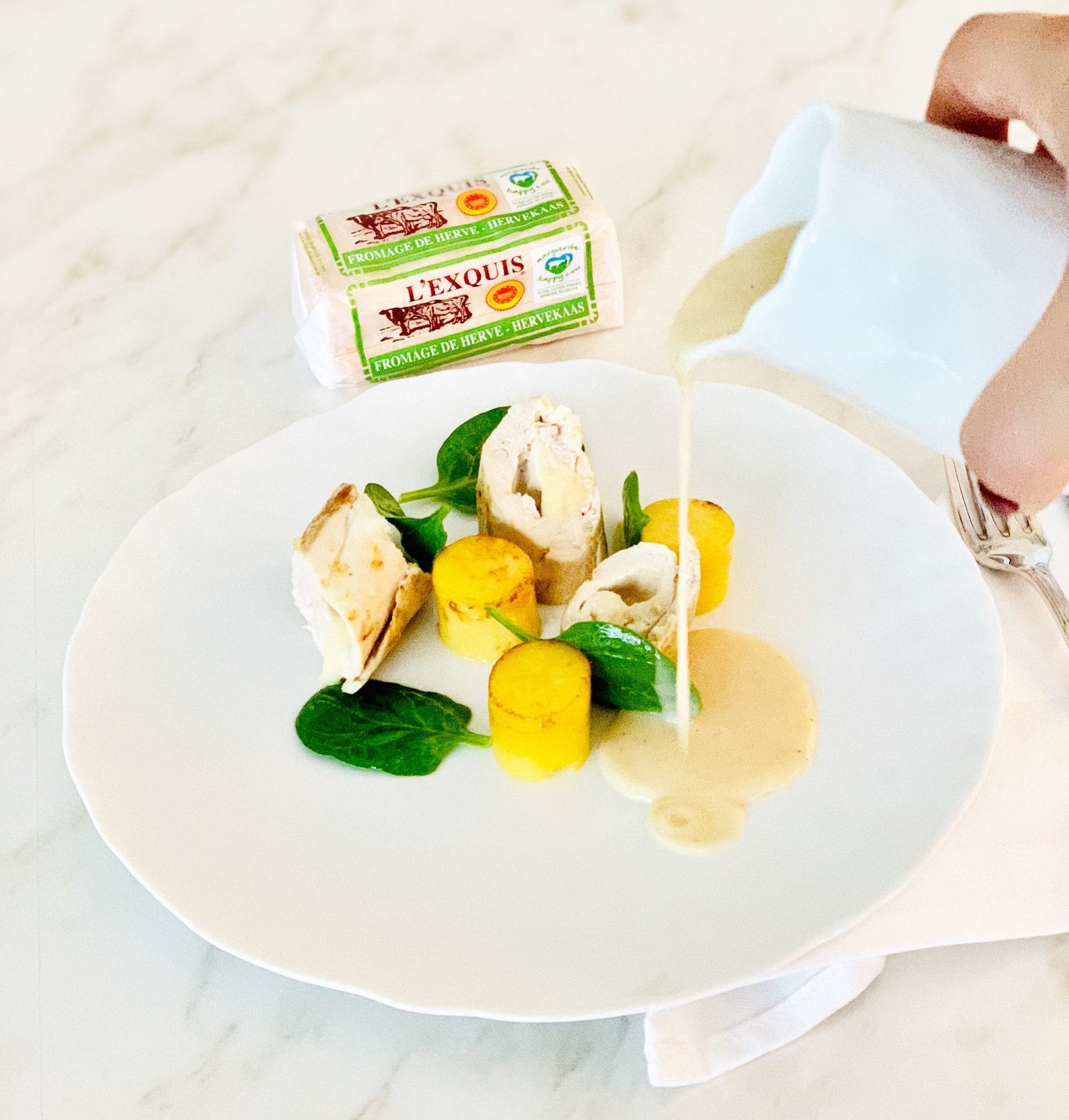 Chicken Ballottines with Melting Herve Cheese Center / Apple Crisps / Young Shoots - foodydelice.com